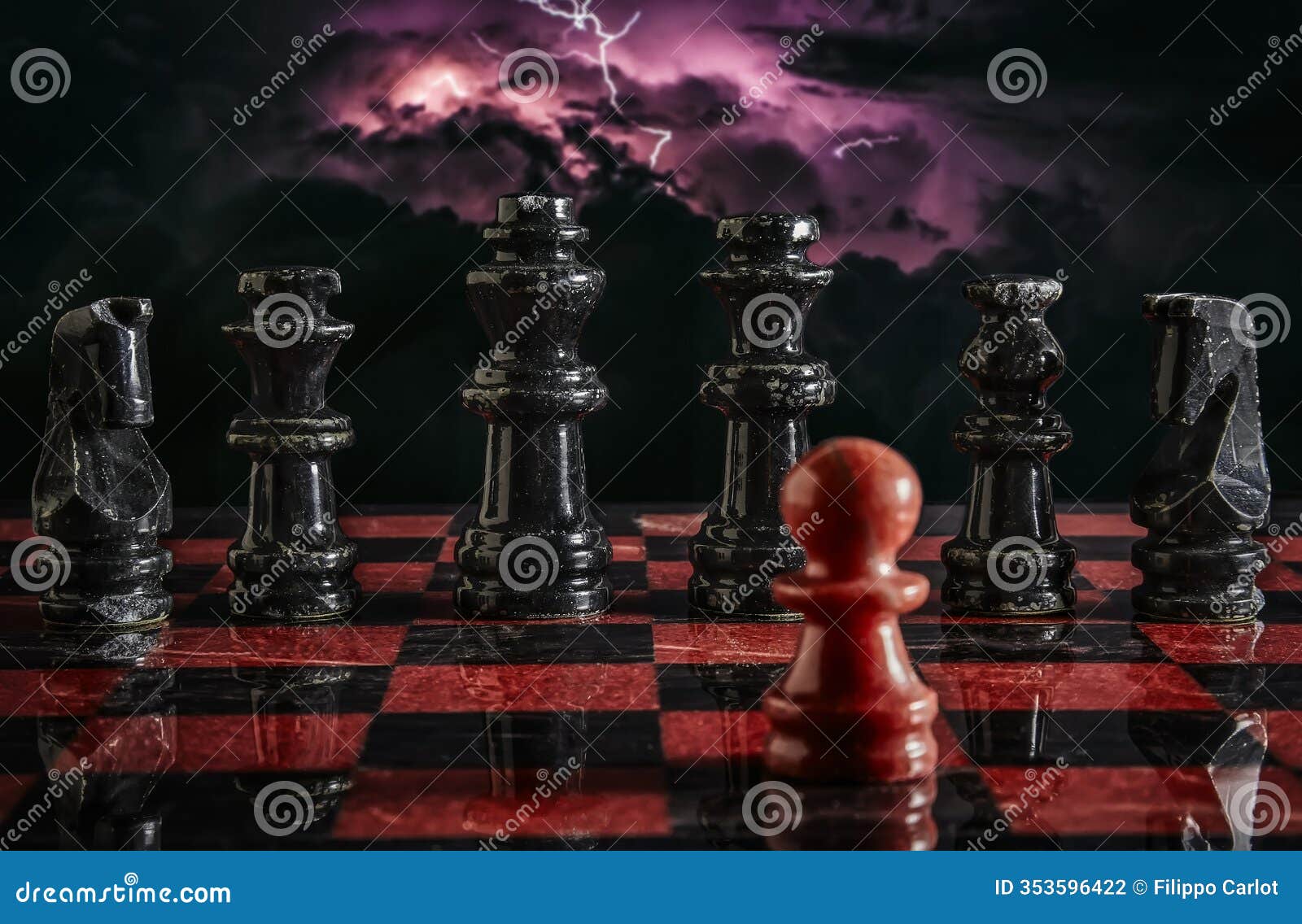 Red Pawn Standing Against Black Chess Pieces on Board during Storm ...