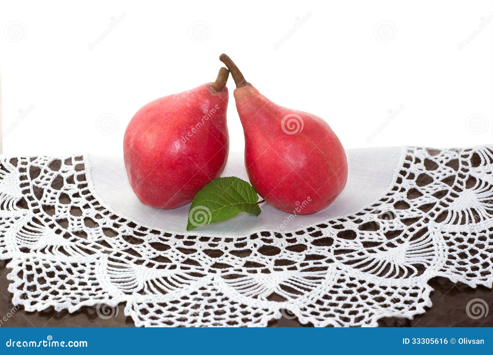 Red Pears on Old Lace Doily Stock Photo - Image of pears, fruits: 33305616