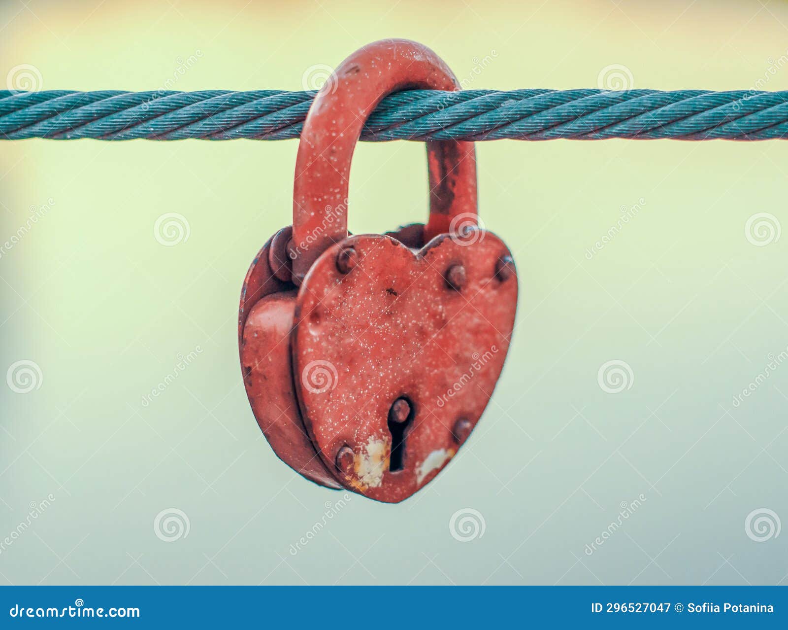 Red Peeling Wedding Lock on a Rope with a Key Hole Stock Image - Image ...