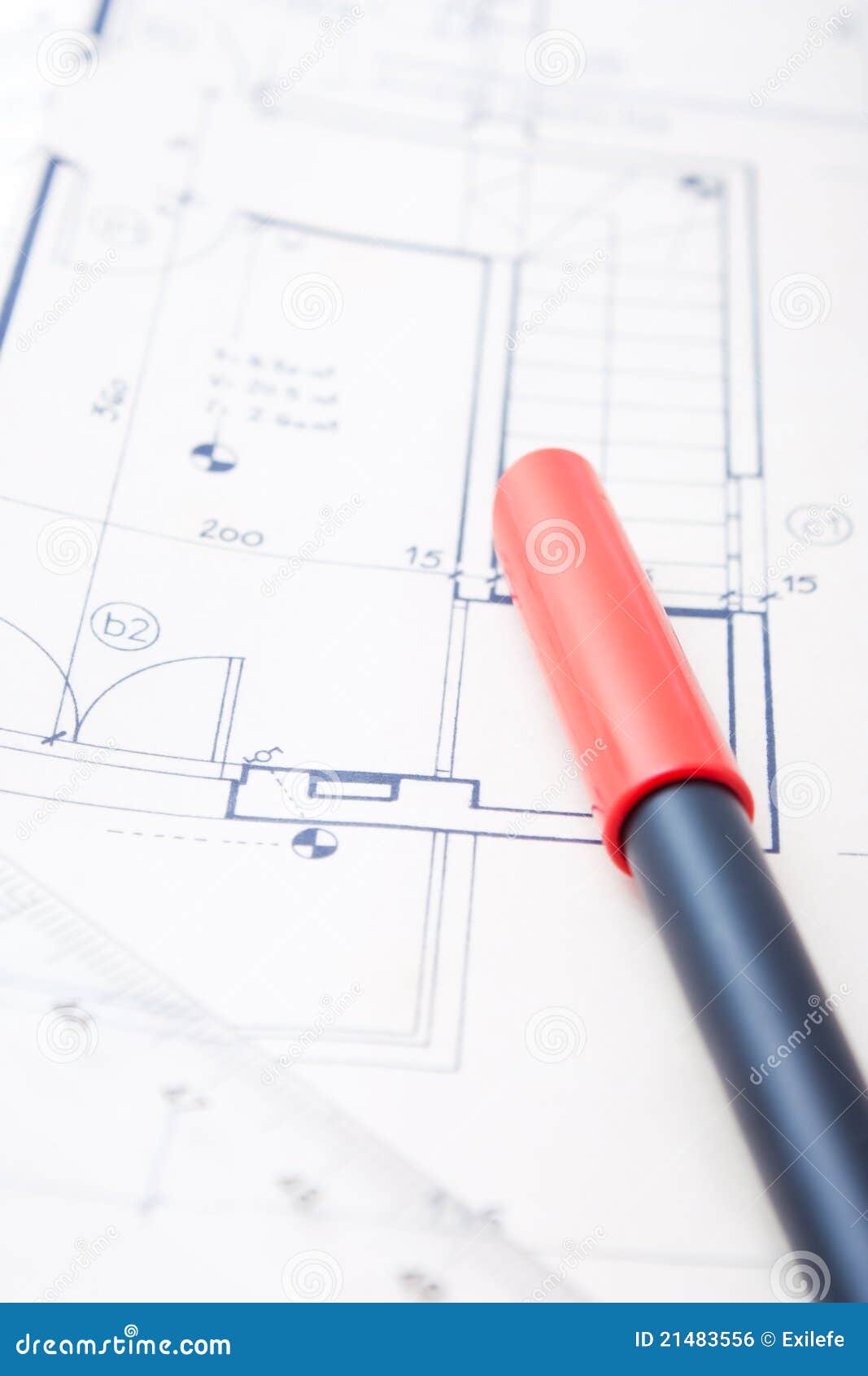 Red pen and blueprints stock photo. Image of instrument - 21483556