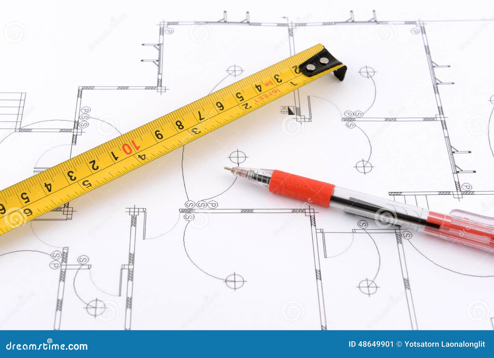 Red pen and measuring tape stock image. Image of holding - 48649901