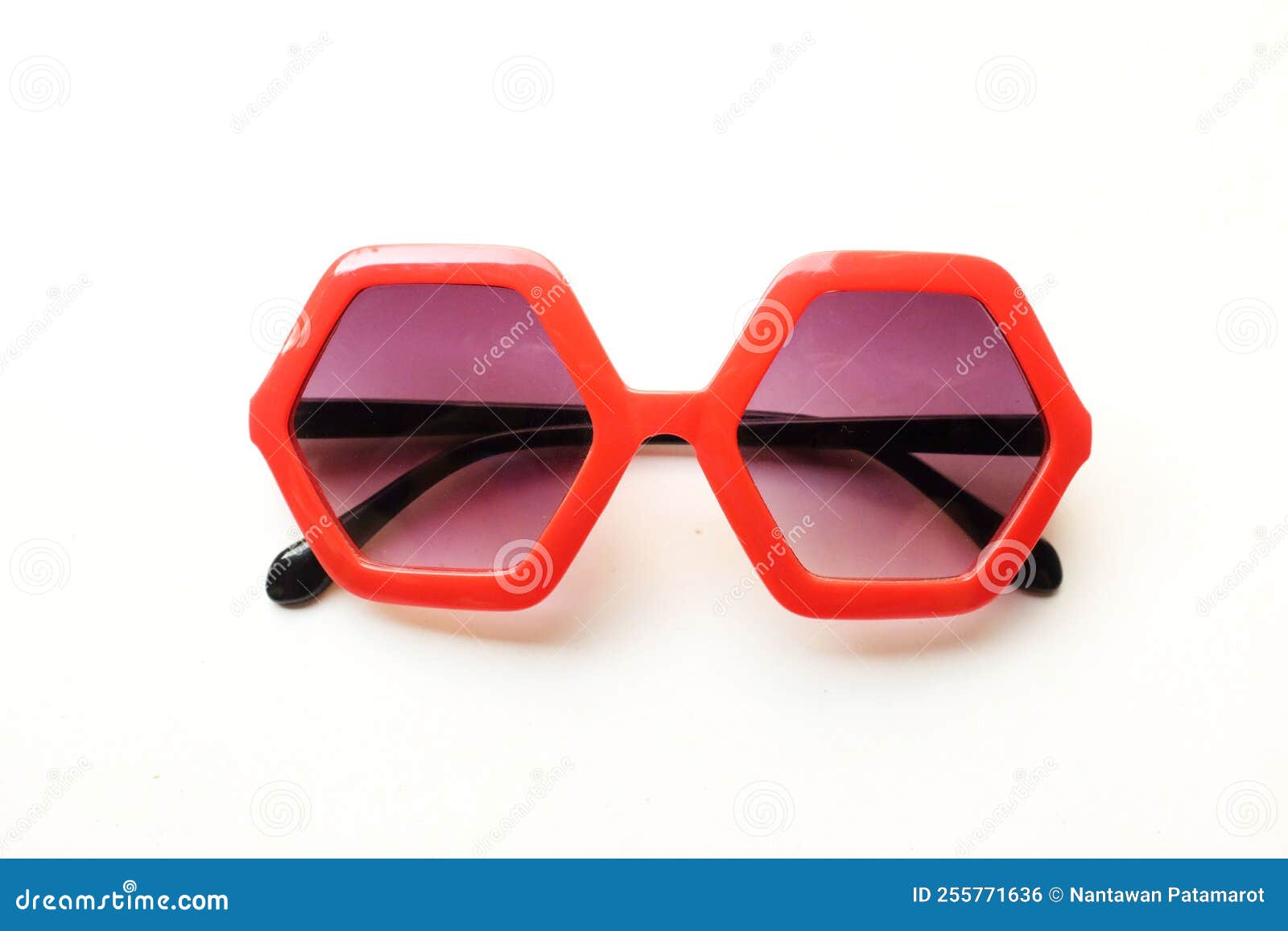 Close Up a Red Pentagon Shape Sunglasses Isolate on a White Background ...