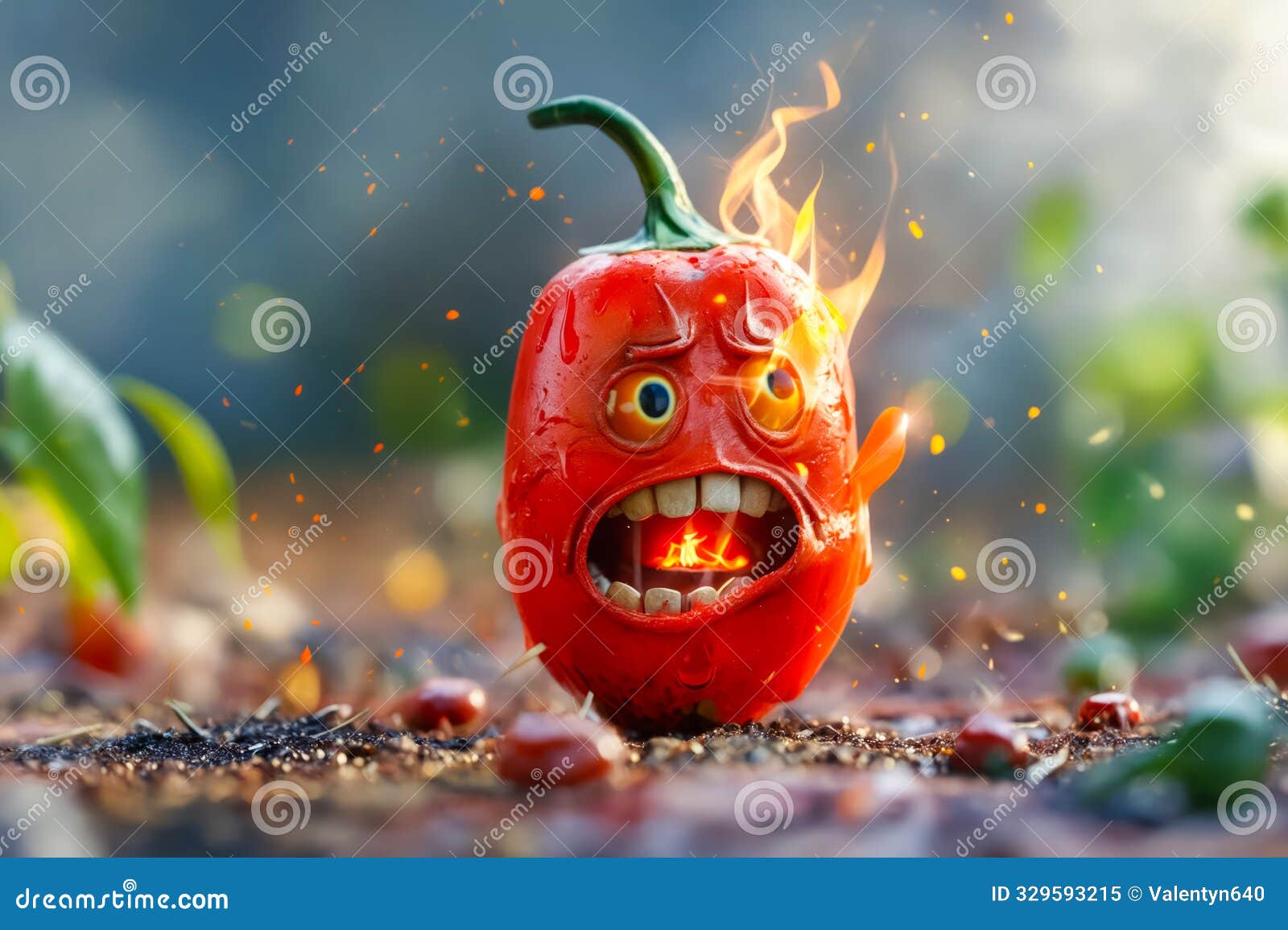 A Red Pepper with a Face on Fire in the Middle of a Field. Generative ...