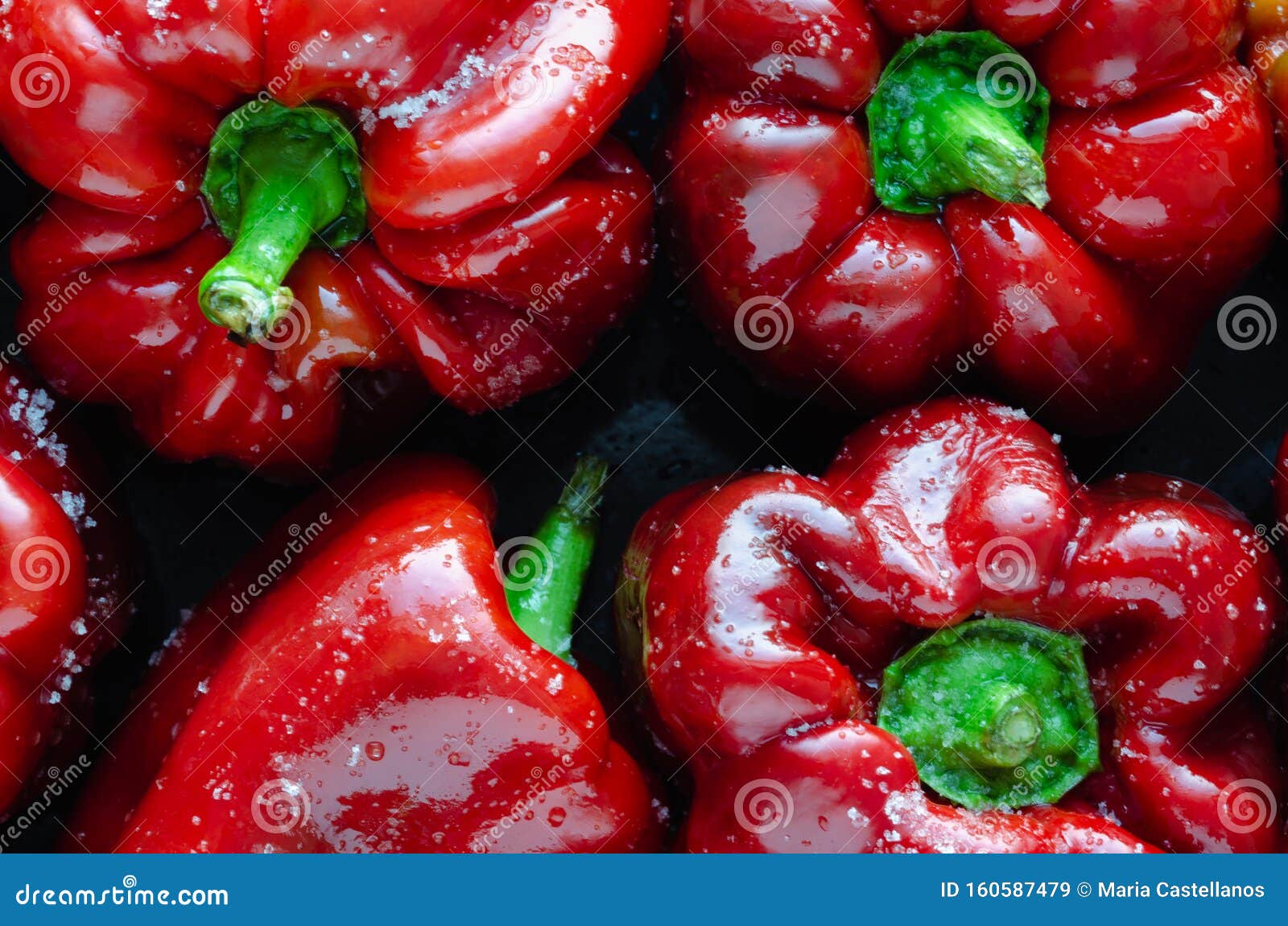 Red Peppers on a Tray Ready To Bake. Macro. Top View Stock Image ...