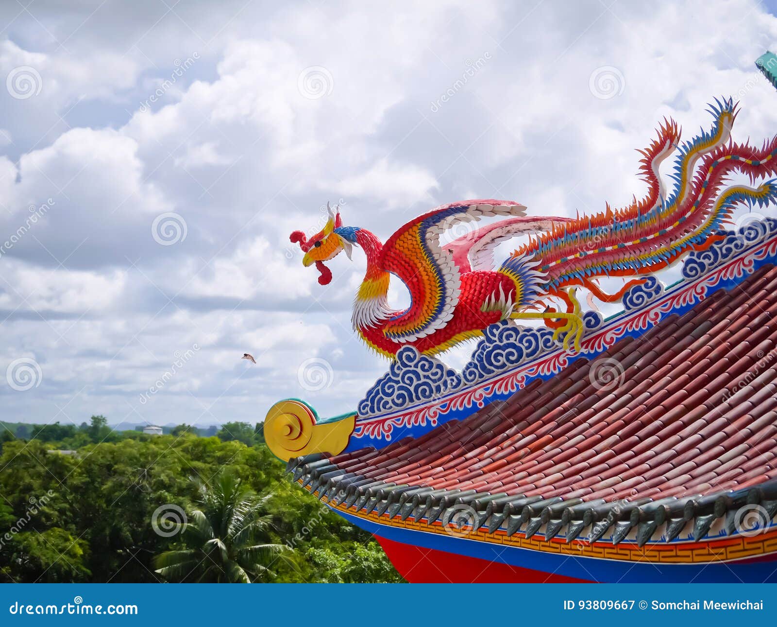 Red Phoenix Bird on the Roof in Chinese Temple Stock Image - Image of ...