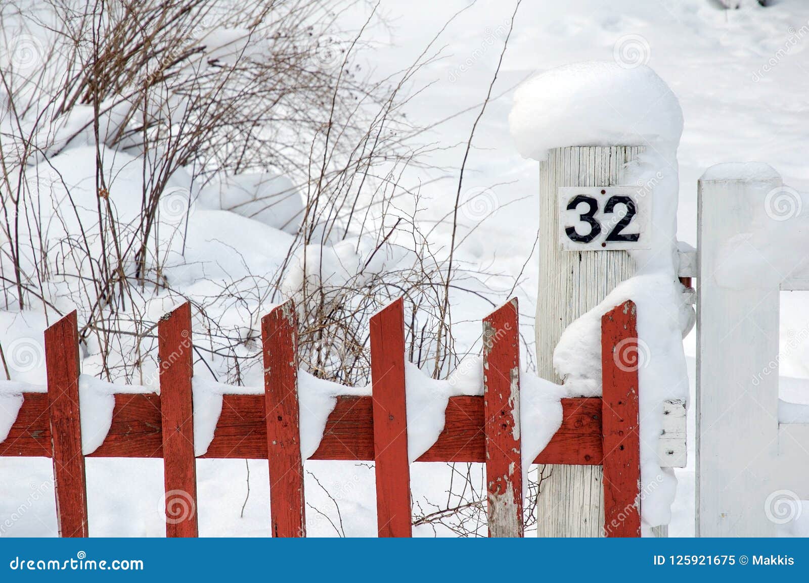 Red Picket Fence Covere with Snow Stock Image - Image of yard, cold ...
