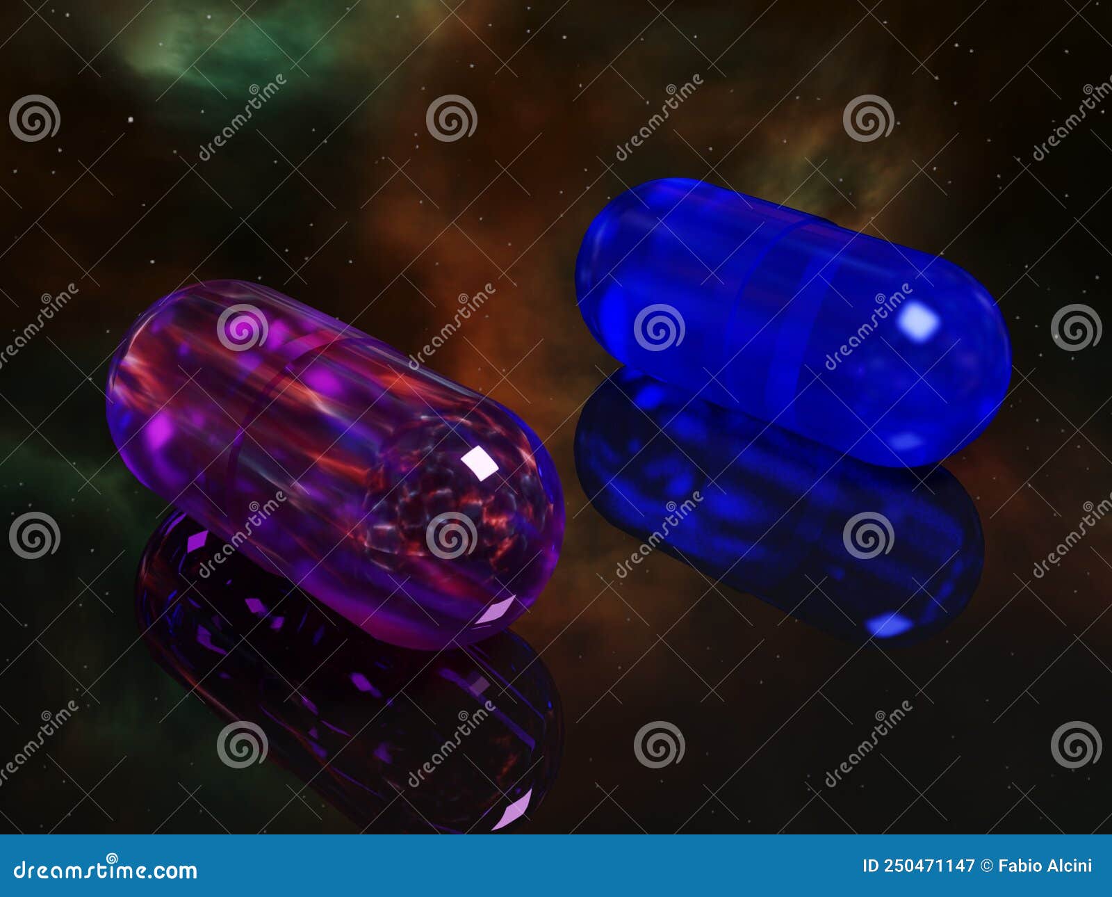Red Pill and Blue Pill Over Reflecting Background Stock Illustration ...