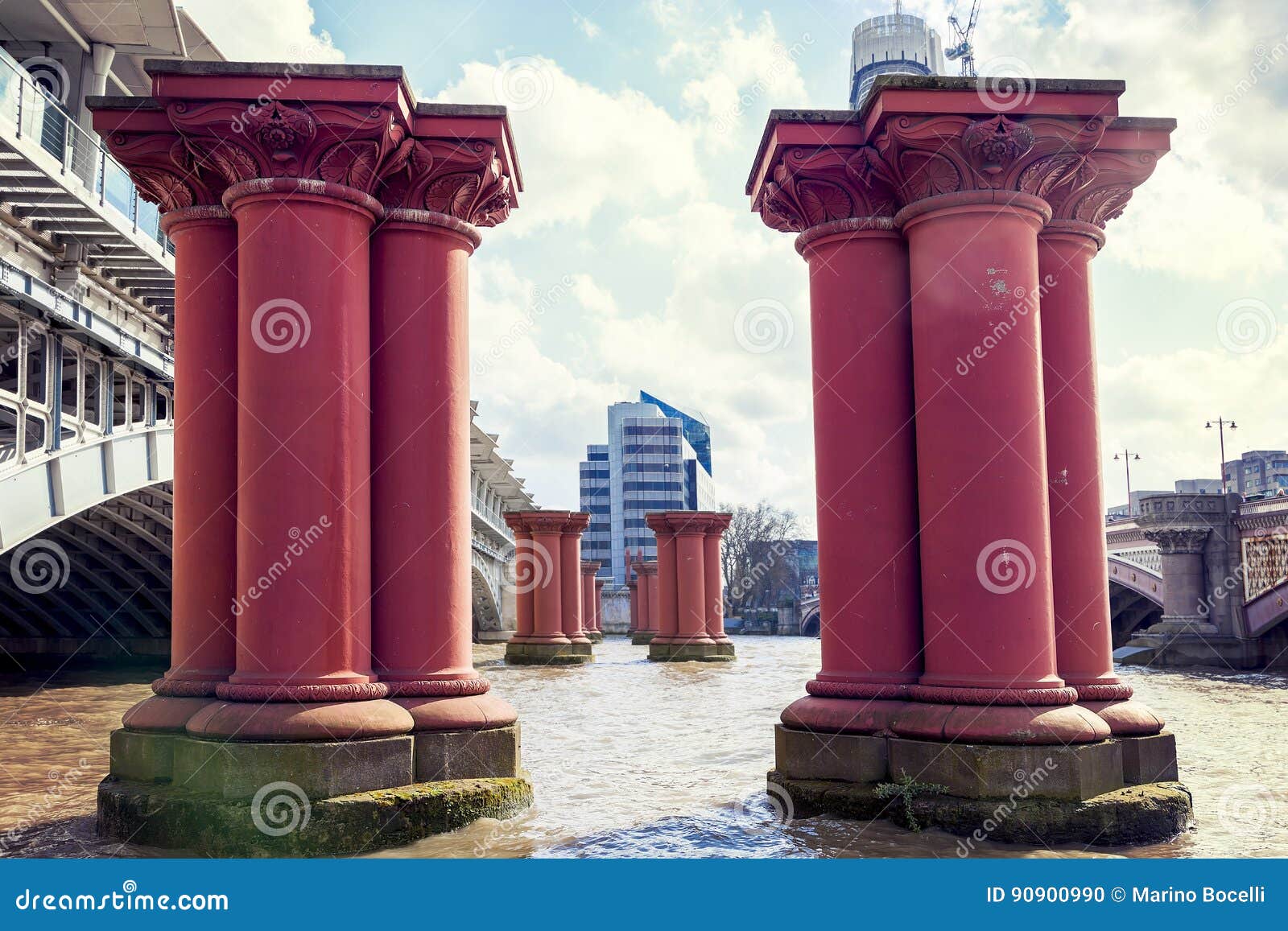 Red Pillars for the Construction of a Bridge Stock Photo - Image of ...
