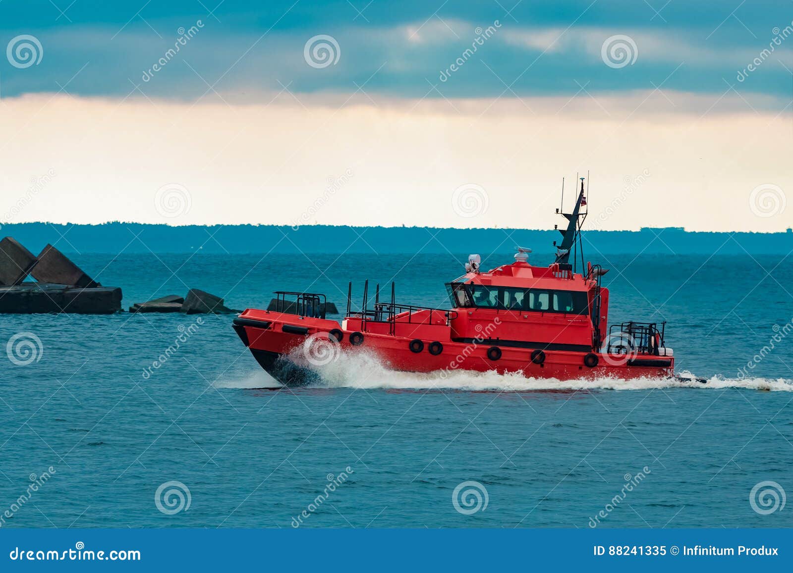 Red pilot ship moving fast stock image. Image of nautical - 88241335