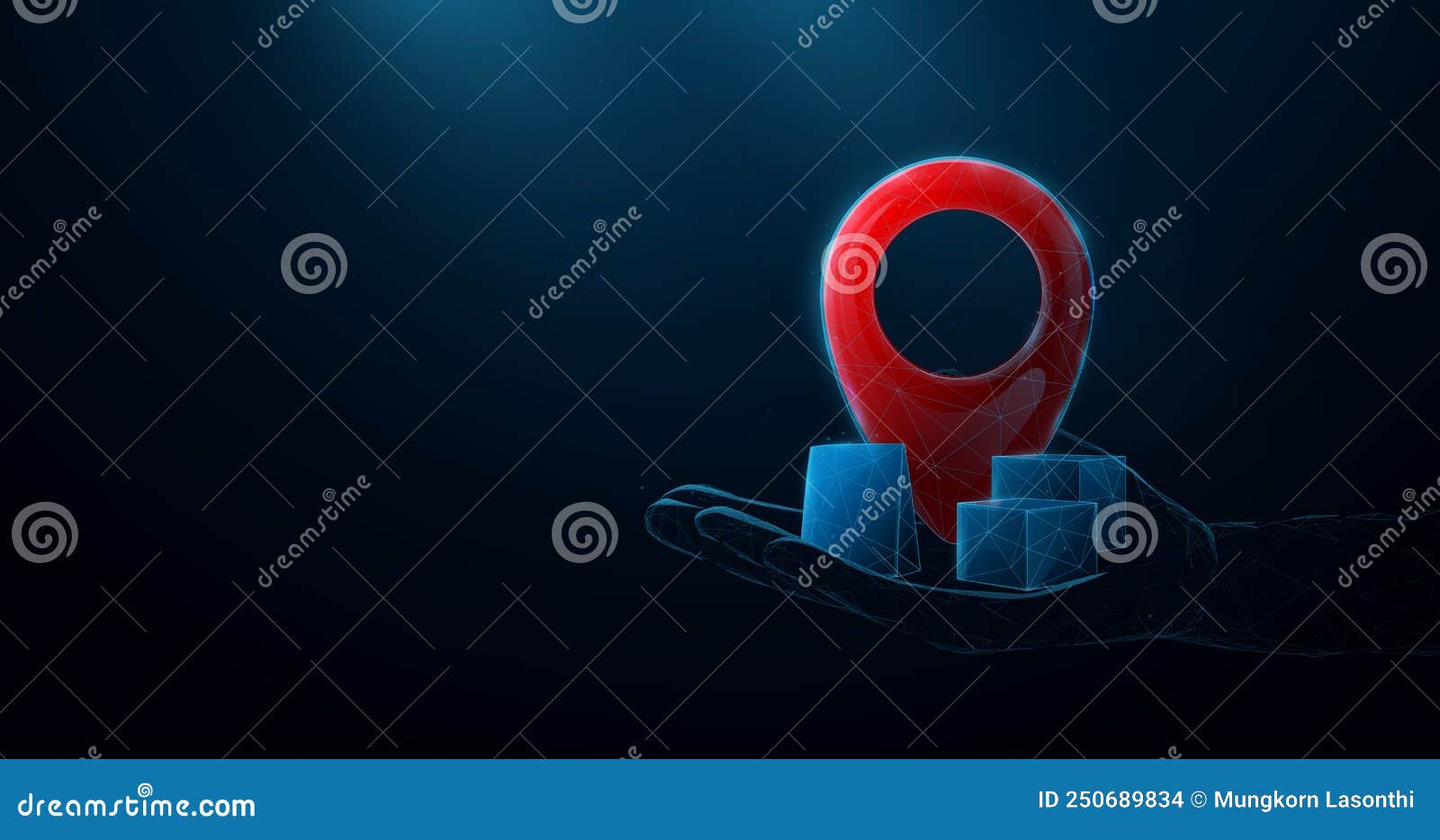 Red Pin Location and Packages Box on Hand. Vector Illustration Stock ...
