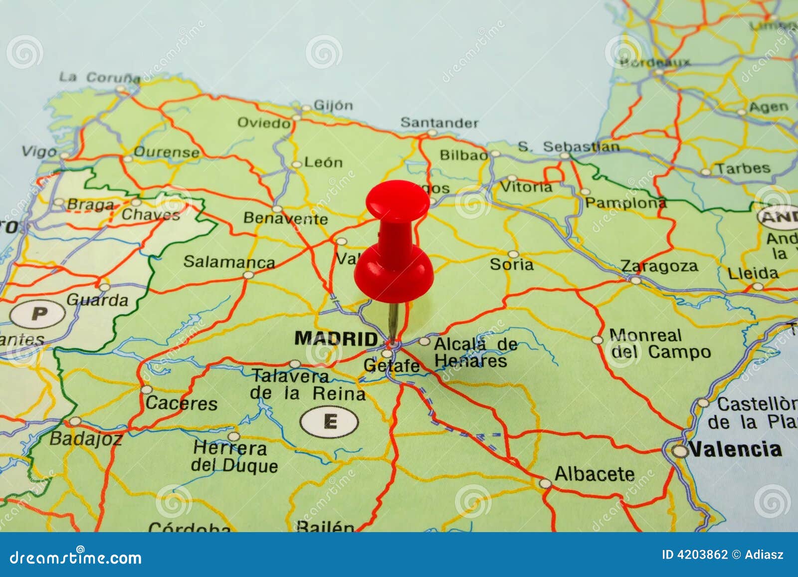 Red pin pointing on madrid stock photo. Image of paper - 4203862