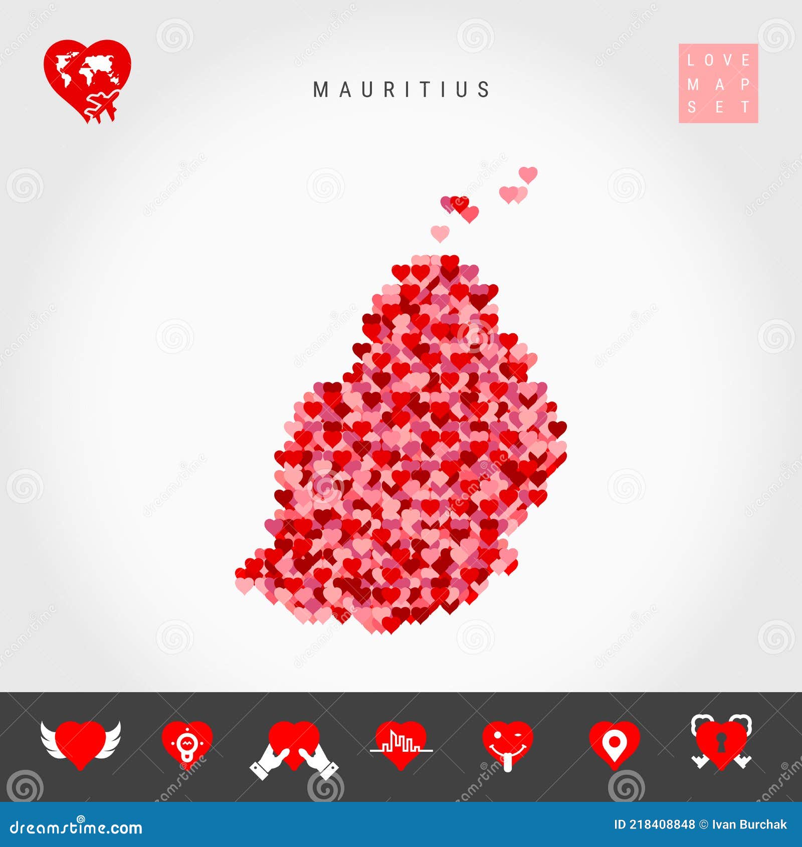 Red Hearts Pattern Vector Map of Mauritius. Love Icon Set Stock Vector ...
