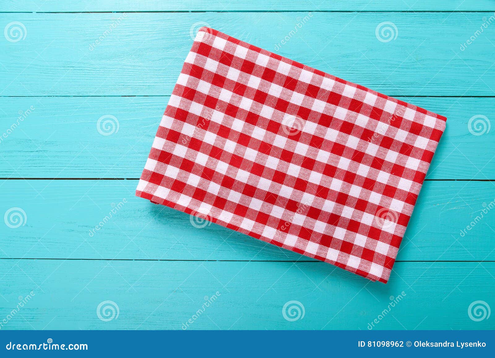 Red Plaid Tablecloth on Blue Wooden Table. Top View and Copy Space ...