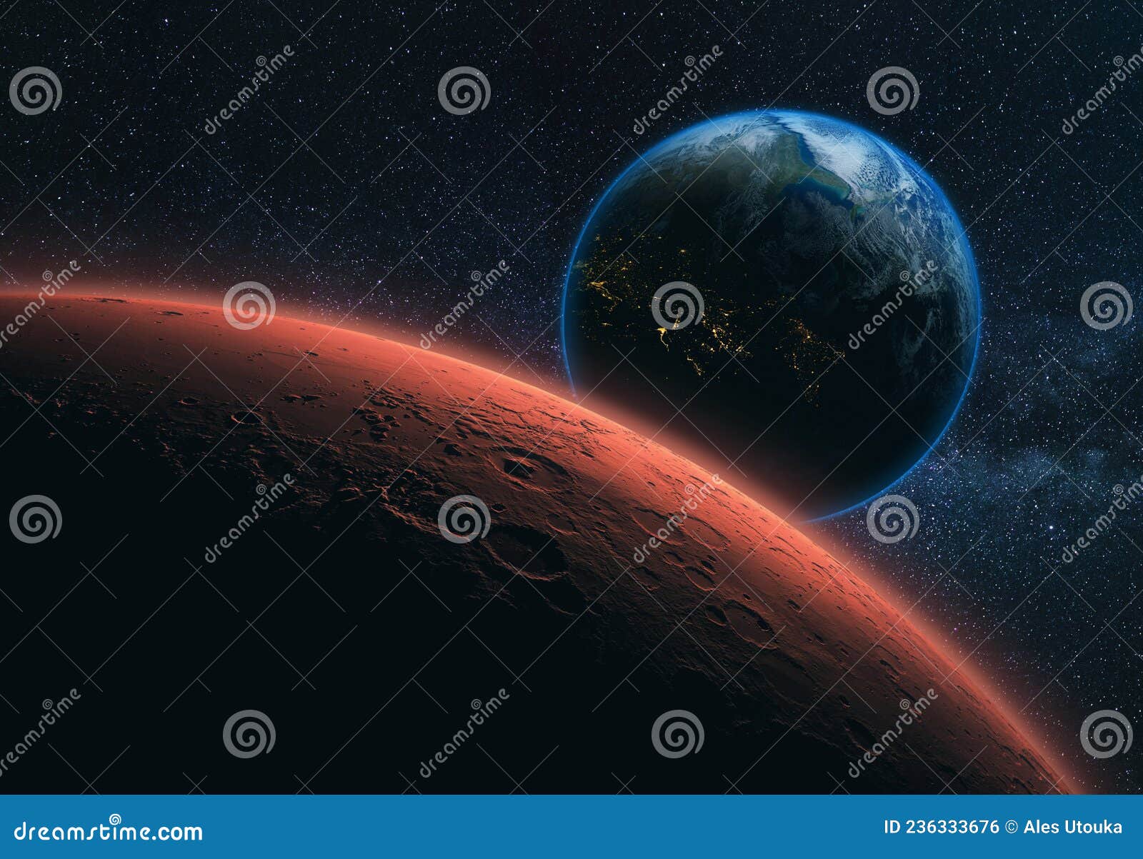 Red Planet Earth with Craters and Blue Planet Earth in Space with Stars ...