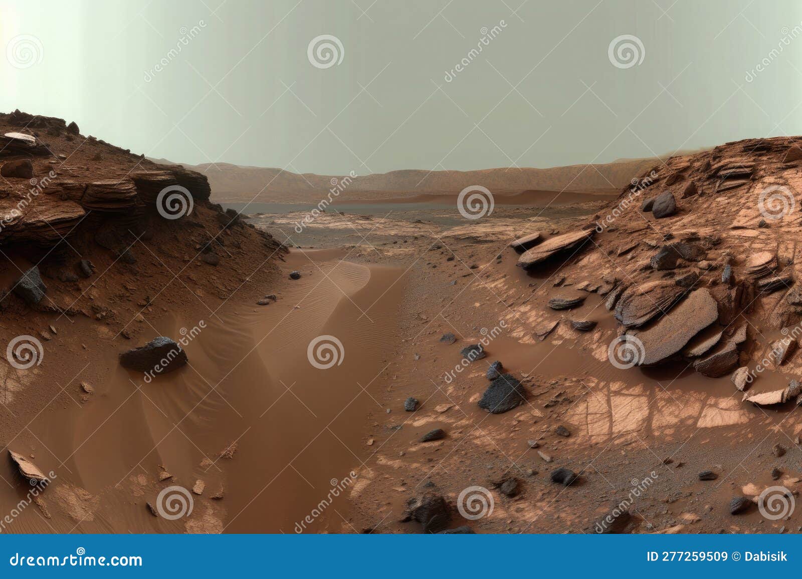 Red Planet Landscape with Water in Soil. Mars Colonization. Generative ...