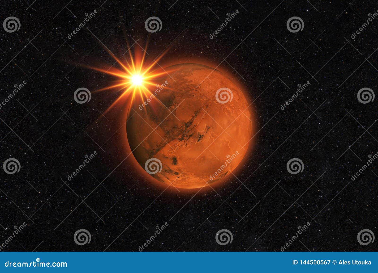 Red Planet Mars with Sun Rays on a Starry Sky. Mars with Sunshine ...