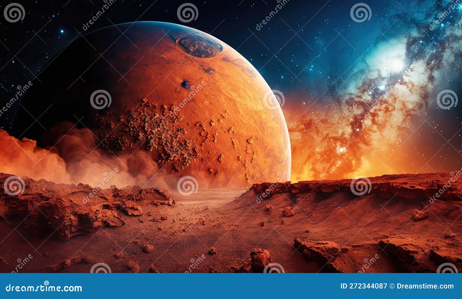 A Red Planet in the Middle of a Rocky Area with a Star Field in the ...