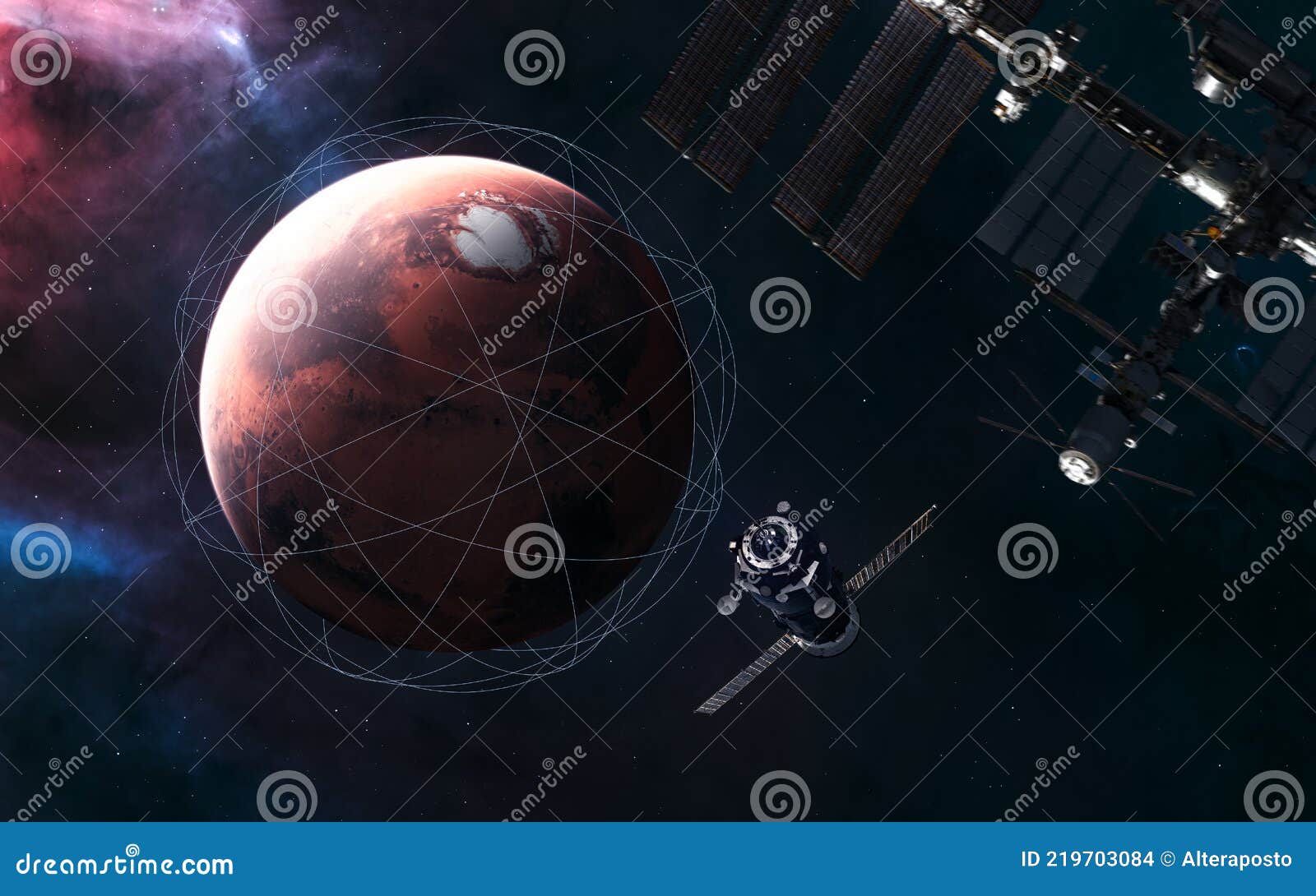 Red Planet of Solar System. Mars. Visualization of Satellite Orbits ...