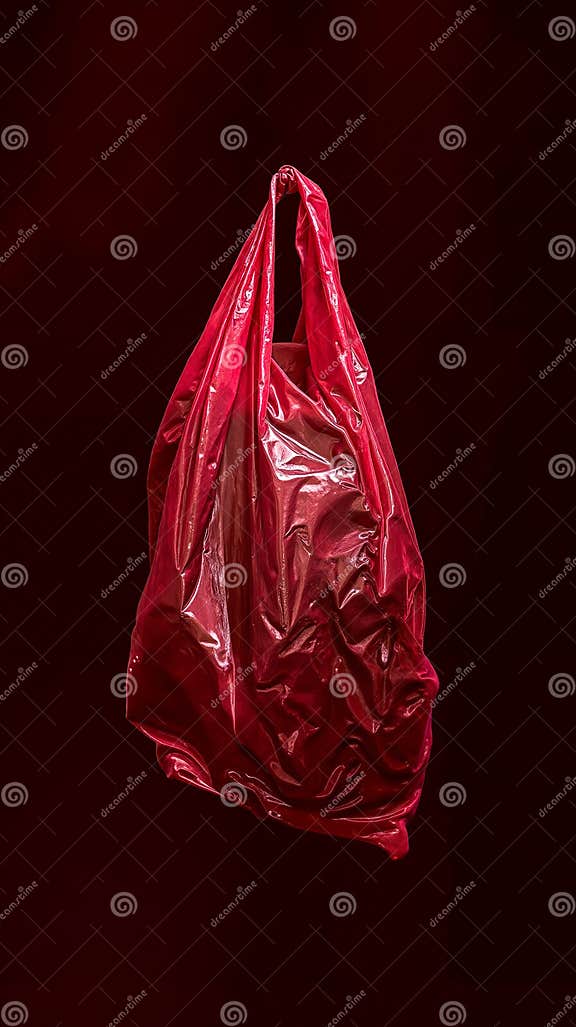 A Red Plastic Bag Hanging from a String on a Black Background Stock ...