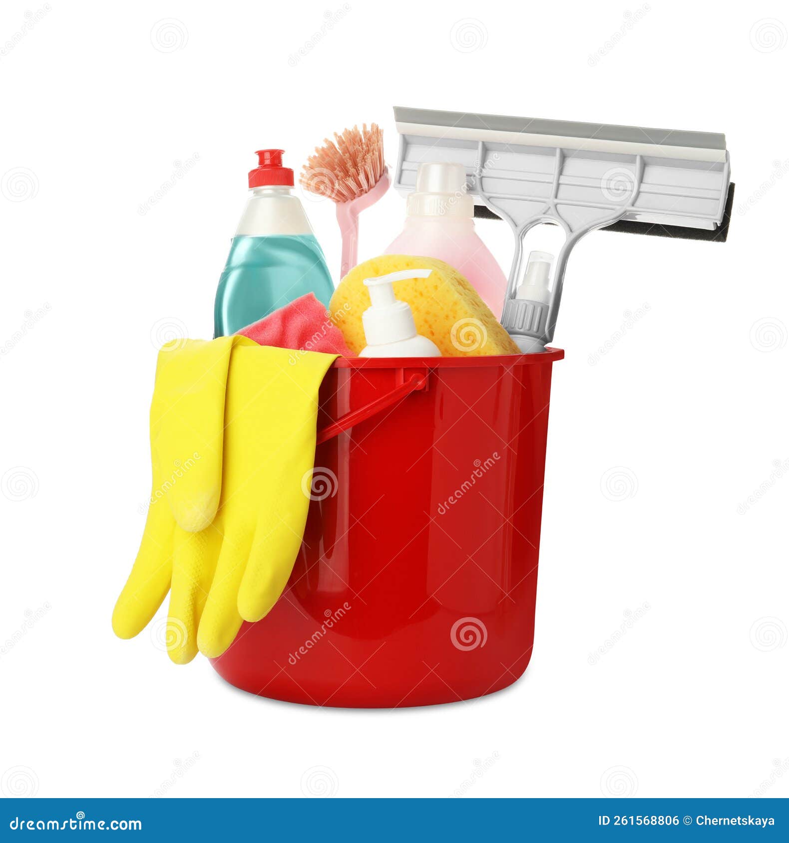 Red Plastic Bucket with Cleaning Supplies and Tools Isolated on White ...