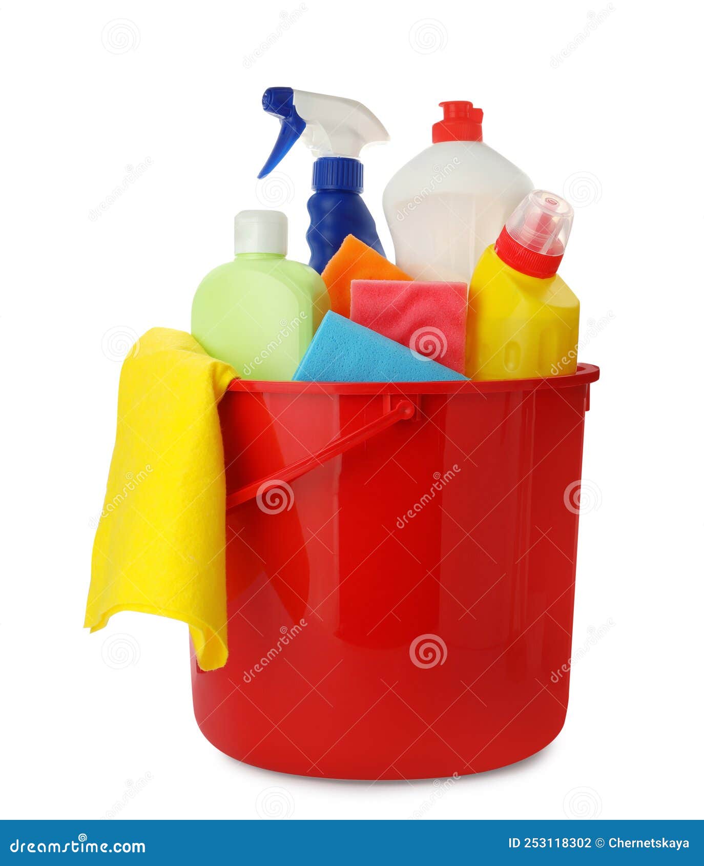 Red Plastic Bucket with Different Cleaning Products Isolated on White ...