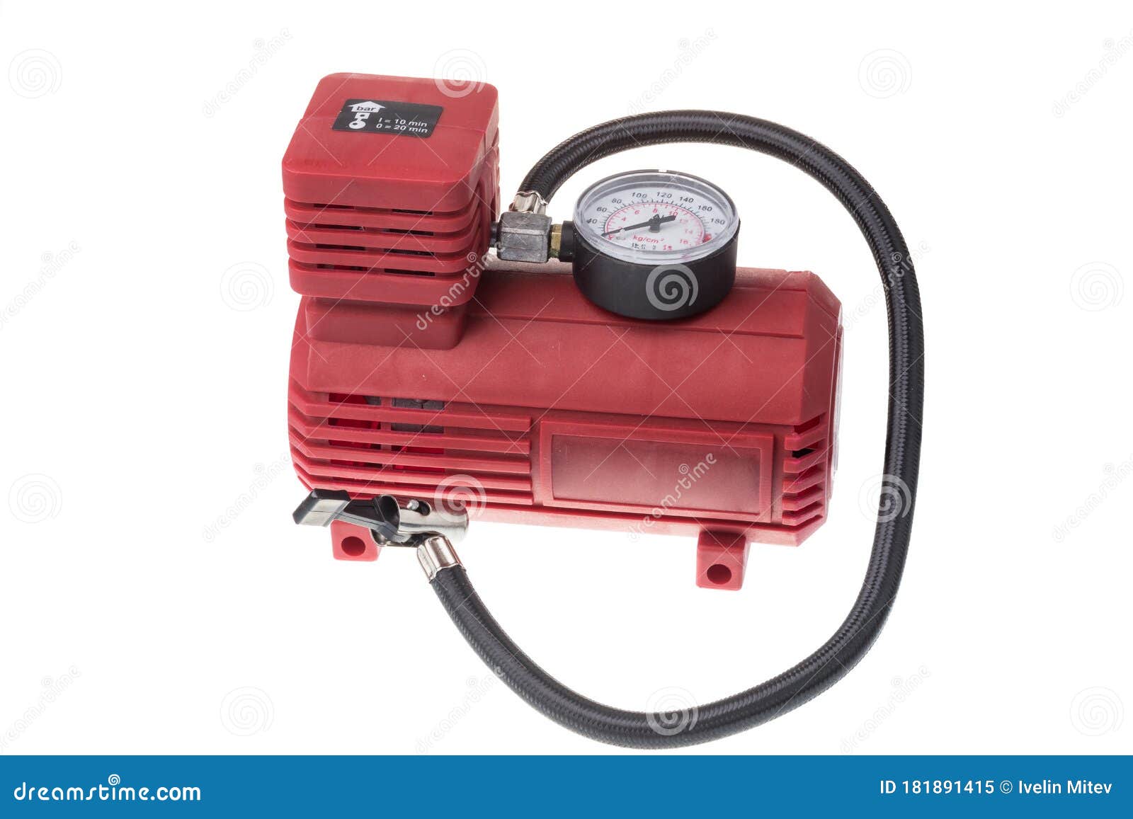 Red Plastic Car Air Compressor Tool, Isolated on White Background Stock ...