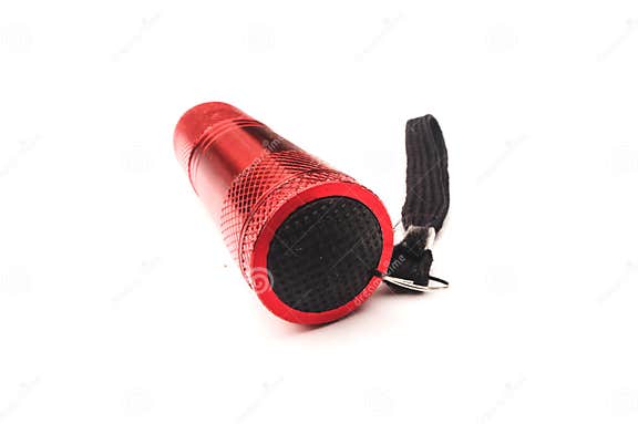 Red Plastic Flashlight Isolated on White Background. Back Part Stock ...