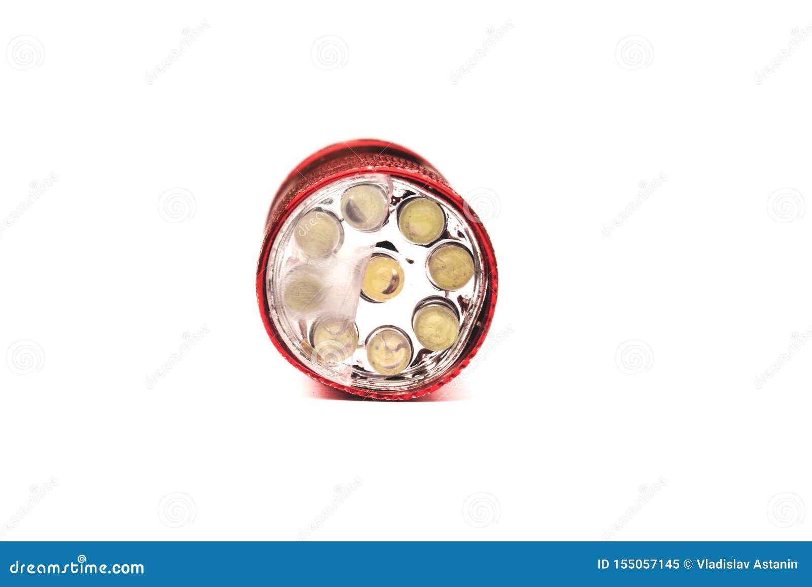 Red Plastic Flashlight Isolated on White Background. Front Side Stock ...