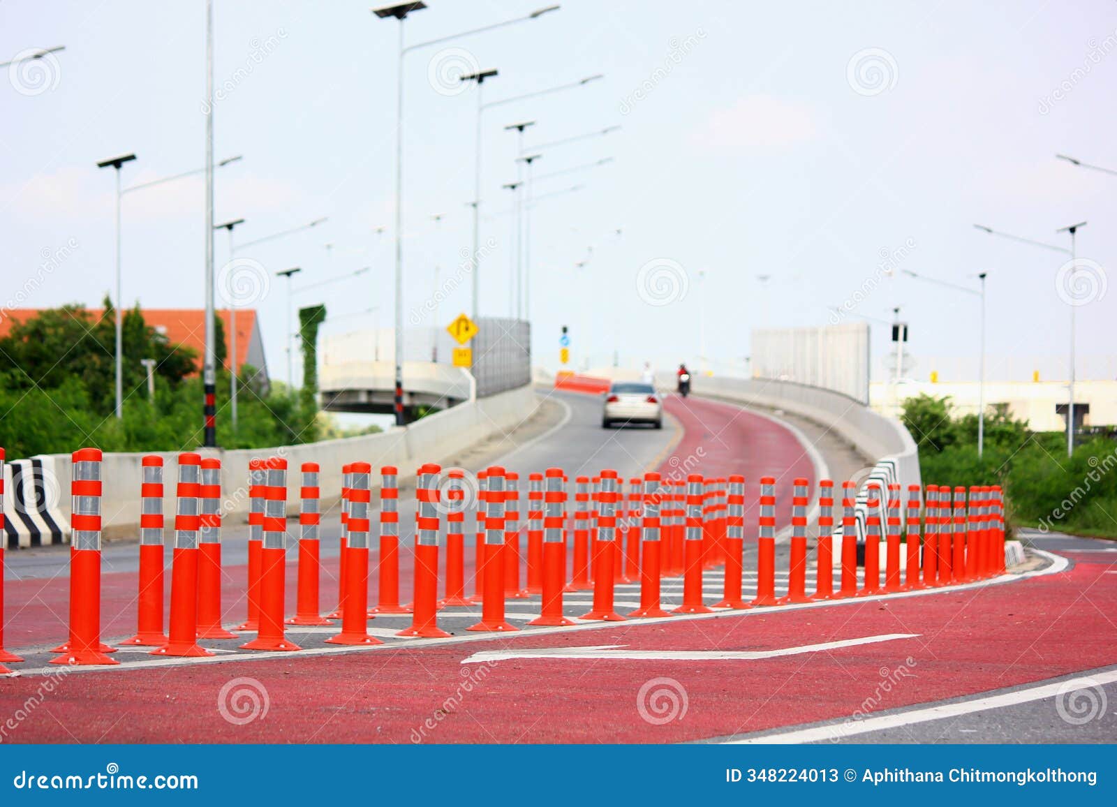 Red Plastic Traffic Cones Install on Caution Area Down the Bridge Stock ...