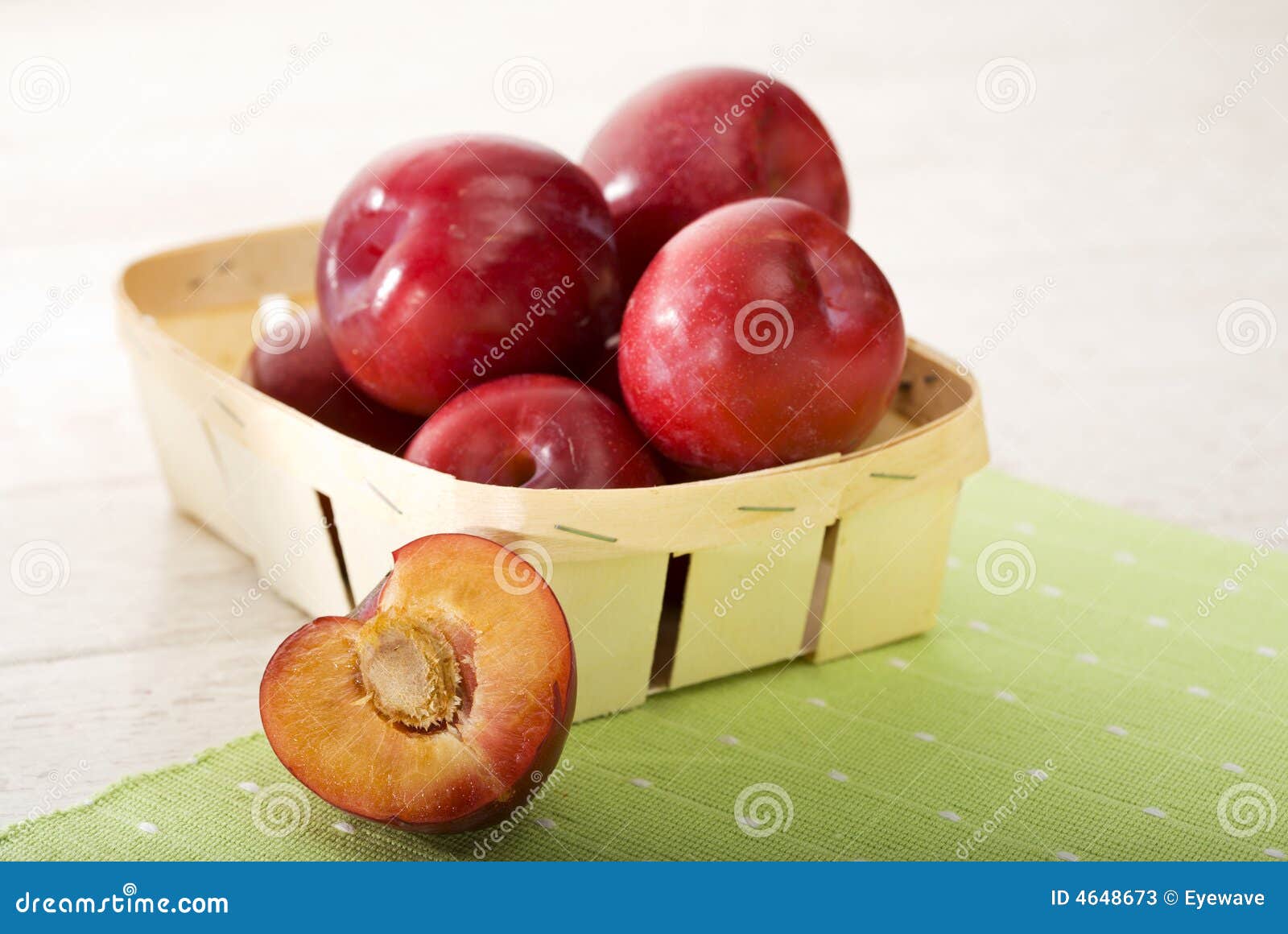 Red plums in small basket stock image. Image of market - 4648673