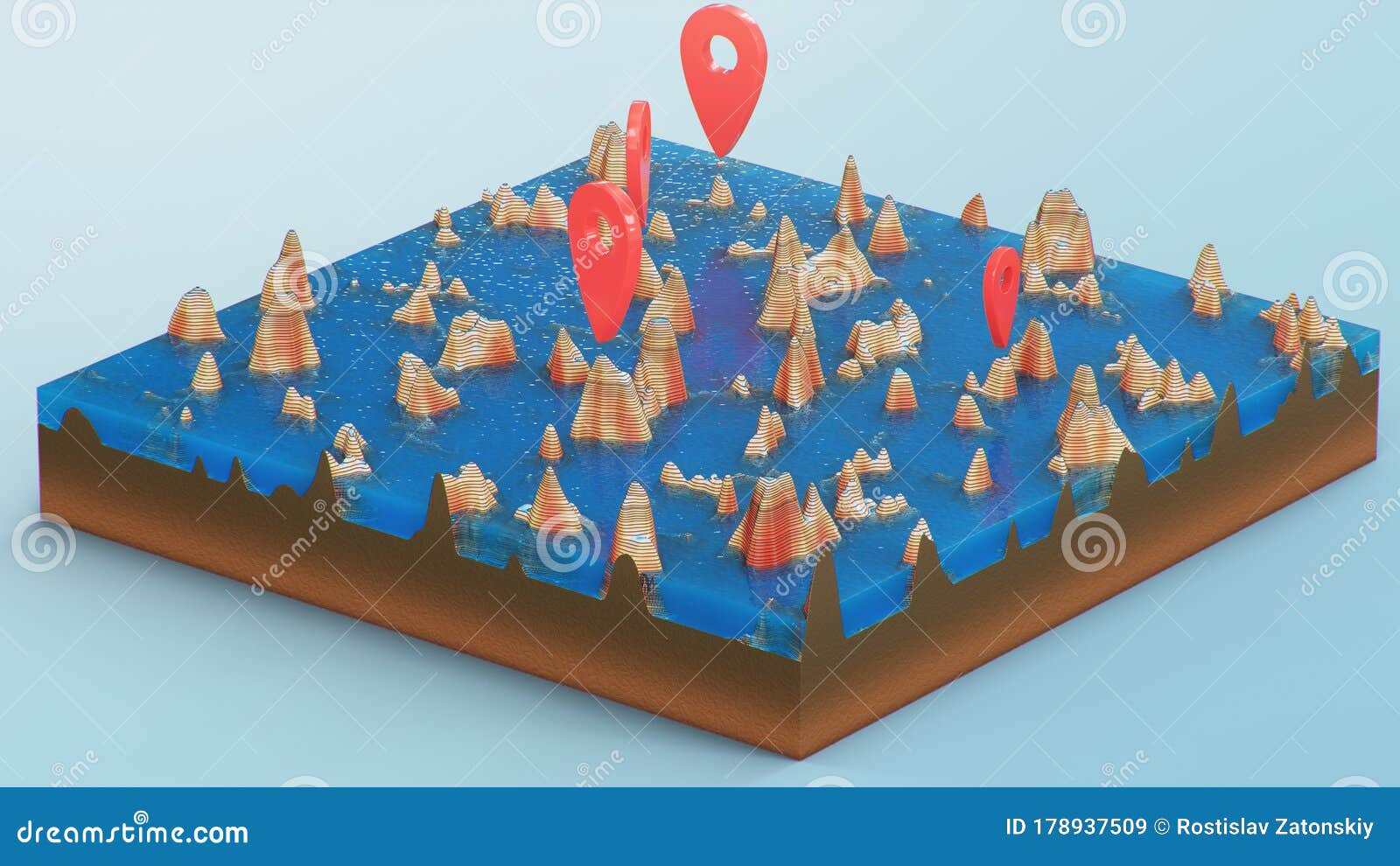 Red Pointers, Markers on the 3D Map Navigation. Contour Lines on a ...