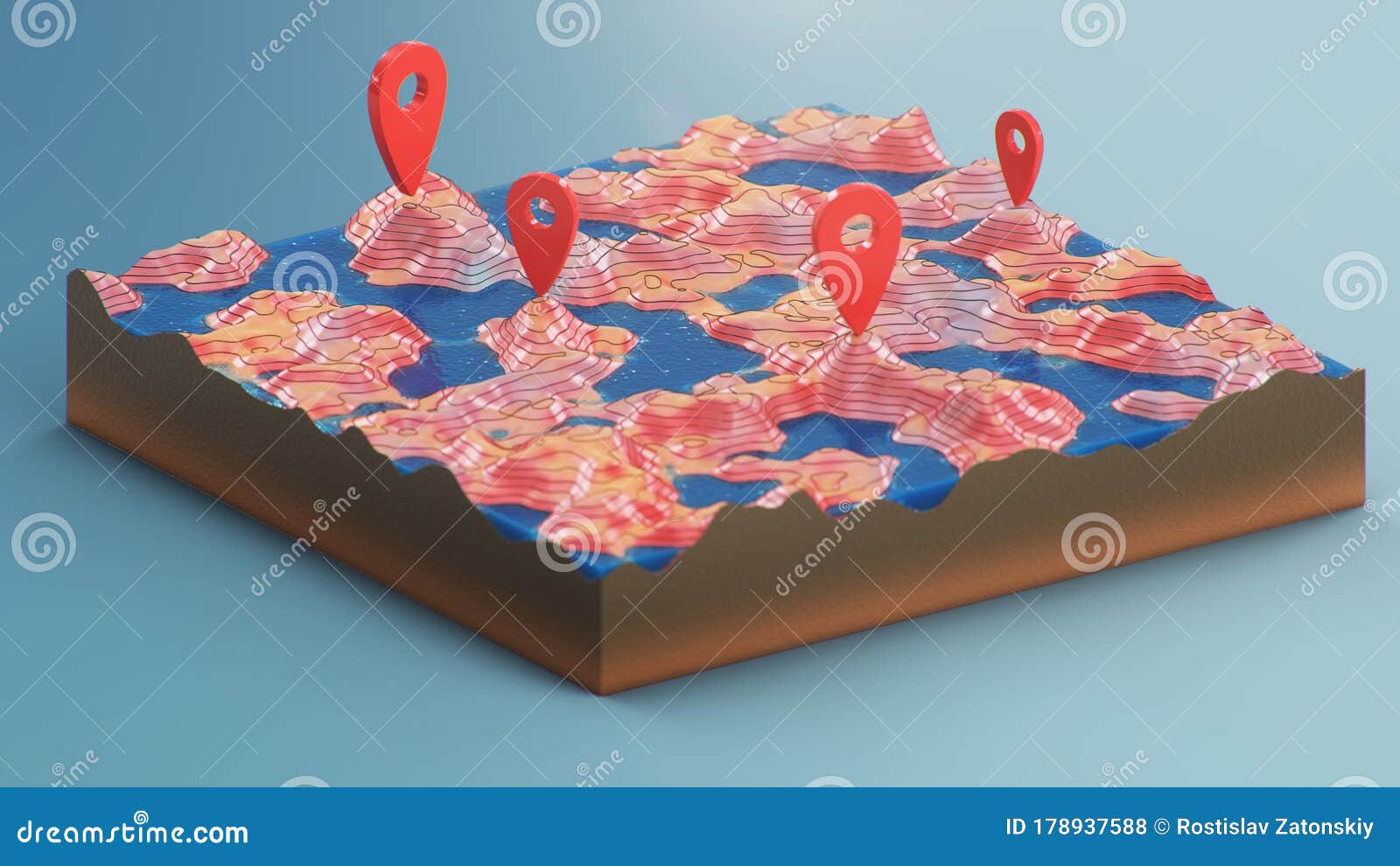 Red Pointers, Markers On The 3D Map Navigation. Contour Lines On A ...