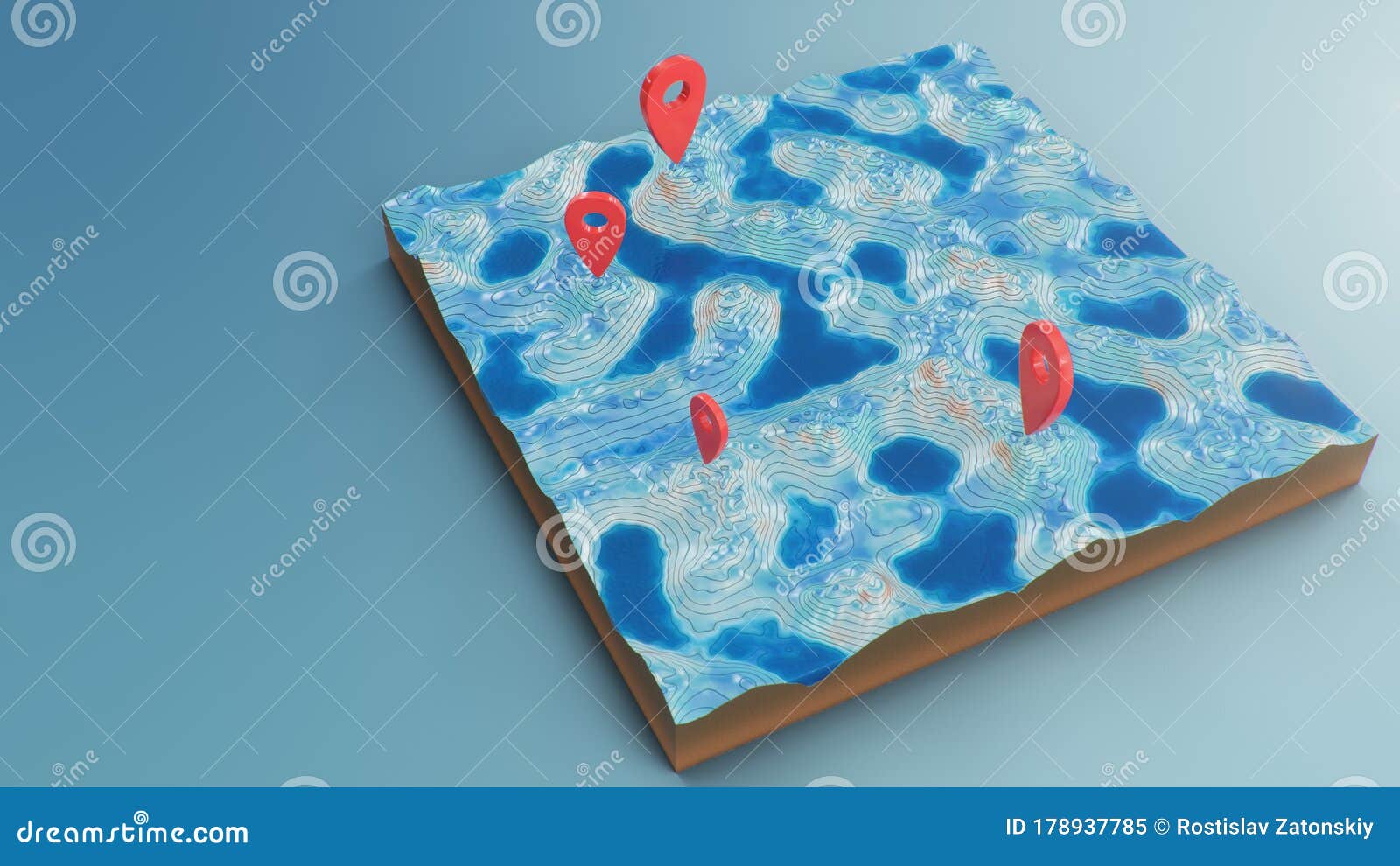 Red Pointers, Markers On The 3D Map Navigation. Contour Lines On A ...