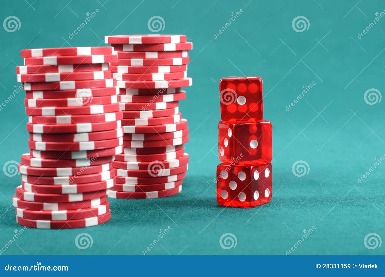Red Poker Gambling Chips on a Green Playing Table Stock Image - Image ...