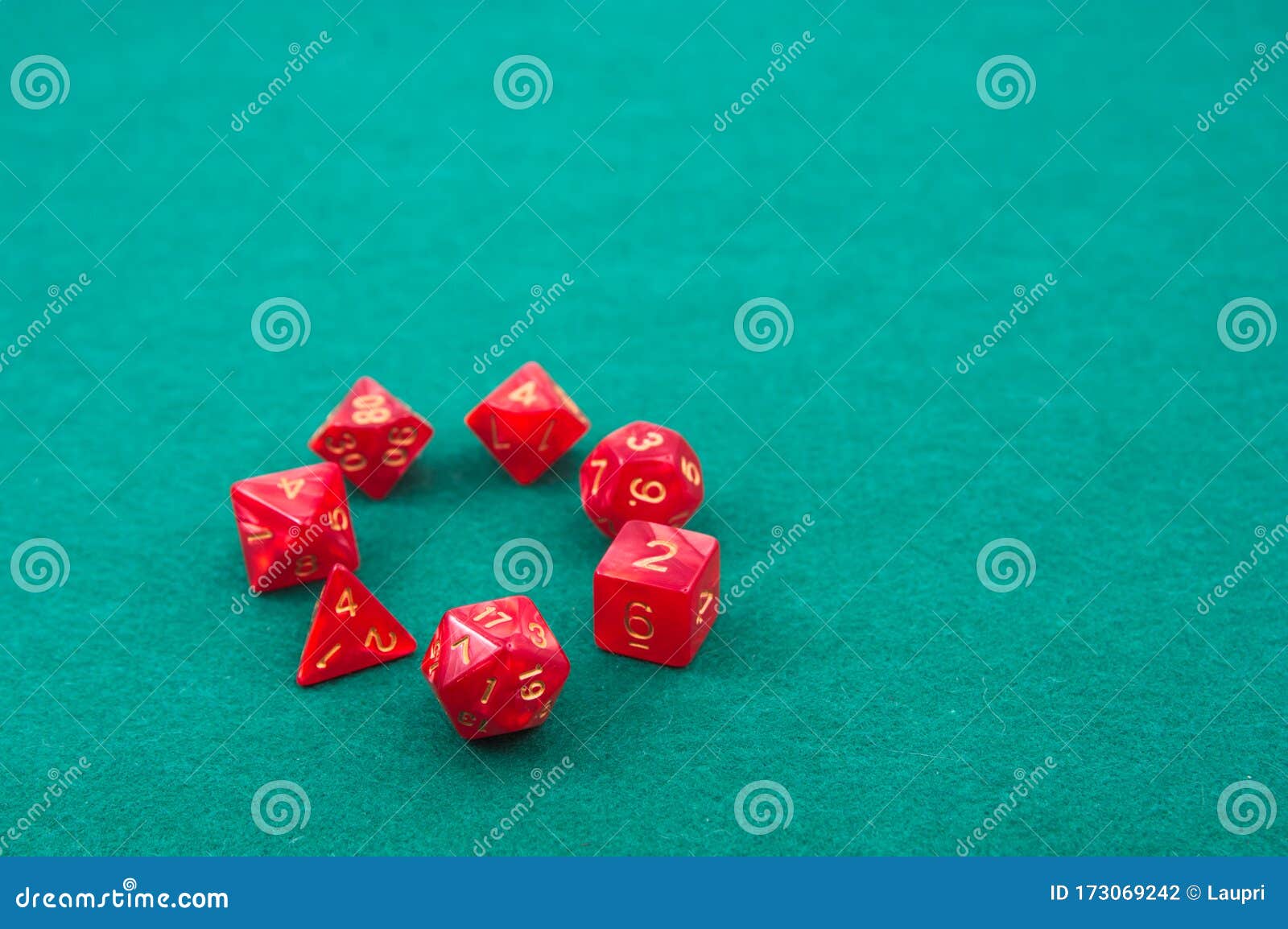 Red Polyhedral Dice Form a Circle on a Green Game Table Stock Photo ...