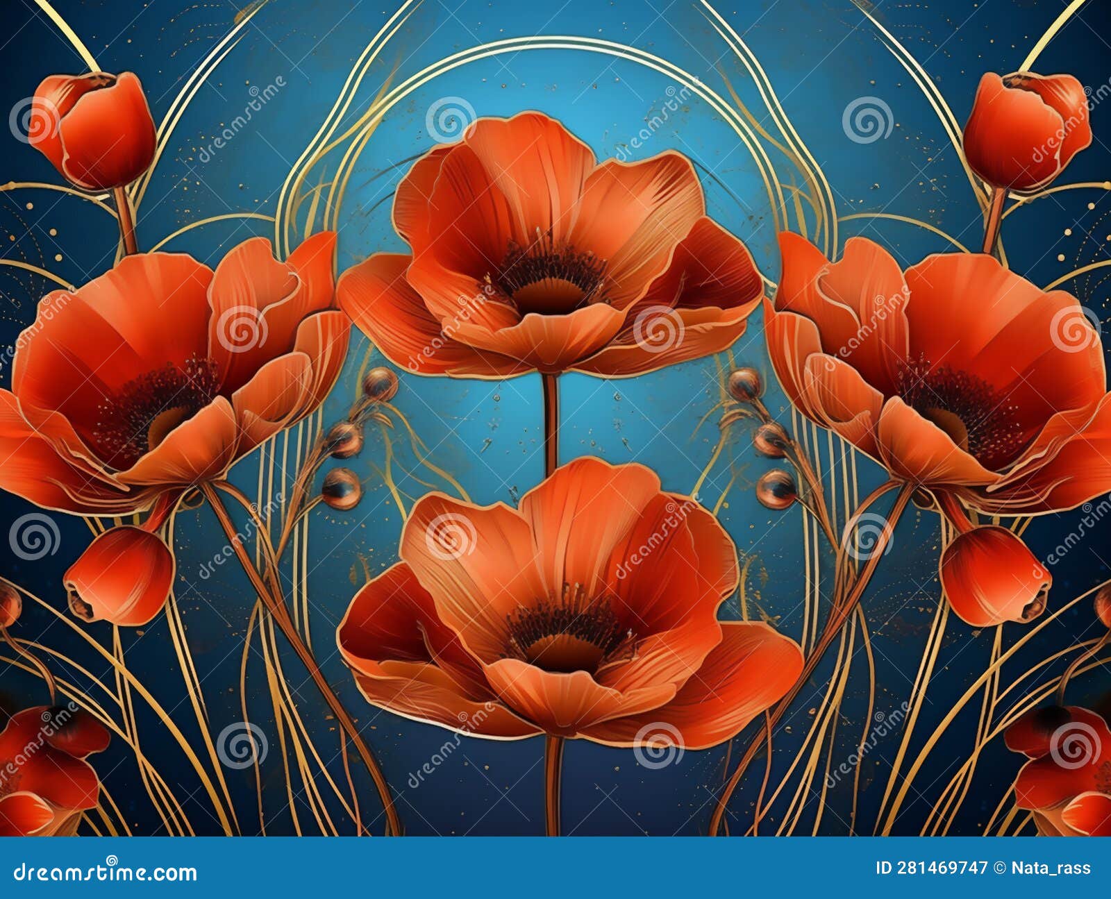Red Poppies in Art Deco Style, Line Design Stock Illustration ...