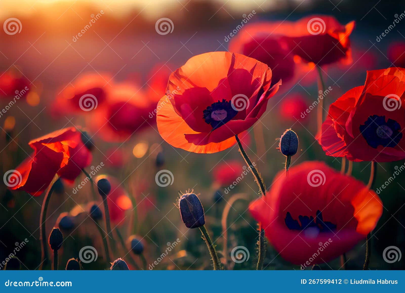 Red Poppies at Sunset 3d Illustration. 3D Illustration Stock ...