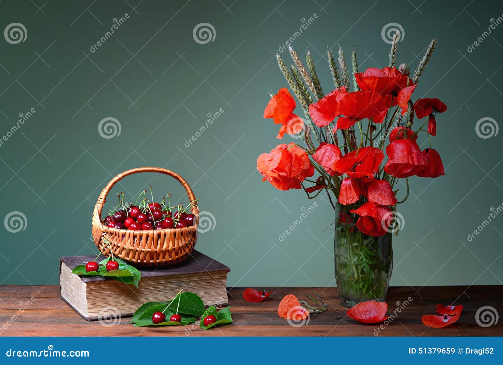 Red Poppies in a Vase and Cherry Stock Image - Image of cherries ...