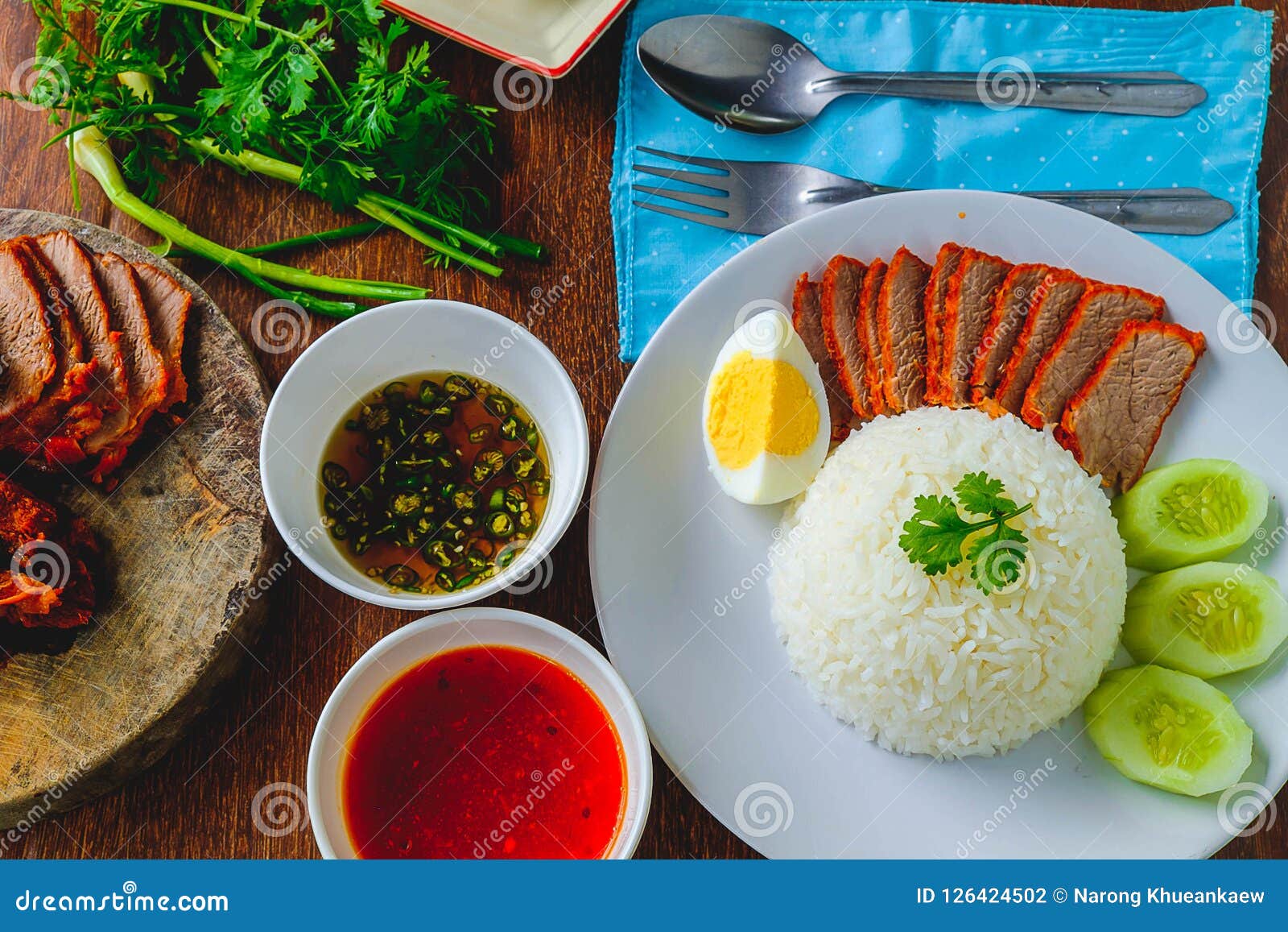 Red pork and Rice food stock photo. Image of meat, chinese - 126424502
