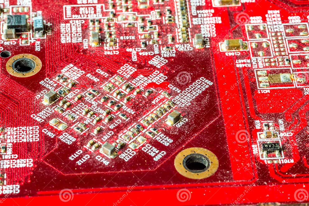 Red PCB for Computer Components with Electronic Elements Stock Photo ...
