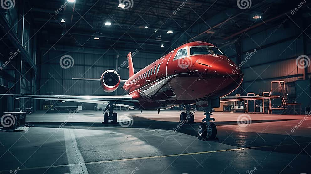 Red Private Jet Standing in a Hangar at Night, Generated Ai Image Stock ...