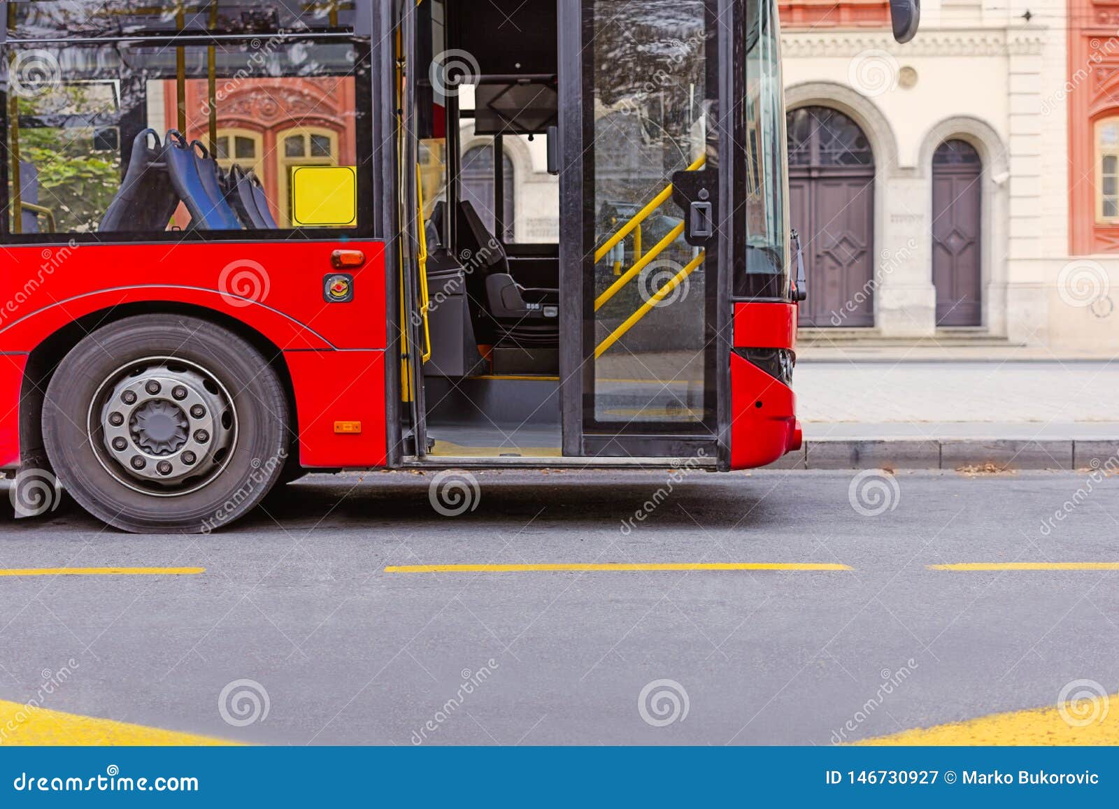 Red Public Transportation Bus on Bus Stop at Street Stock Image - Image ...