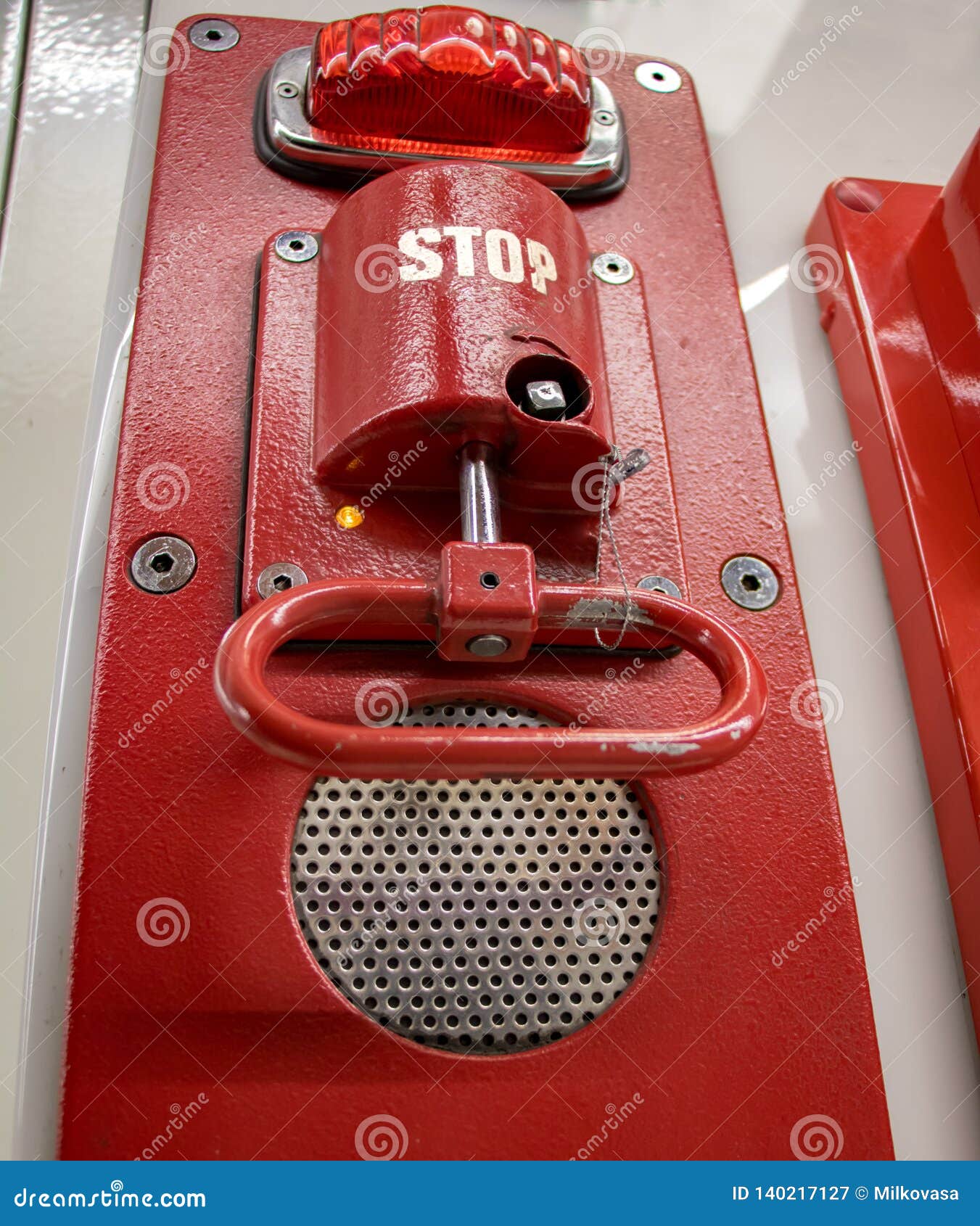 Red pull handle on wall. stock image. Image of device - 140217127