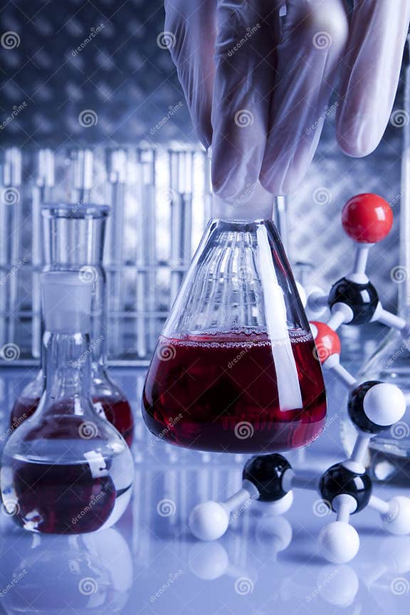 Red Pure Liquid stock image. Image of gloves, flask, device - 12438113