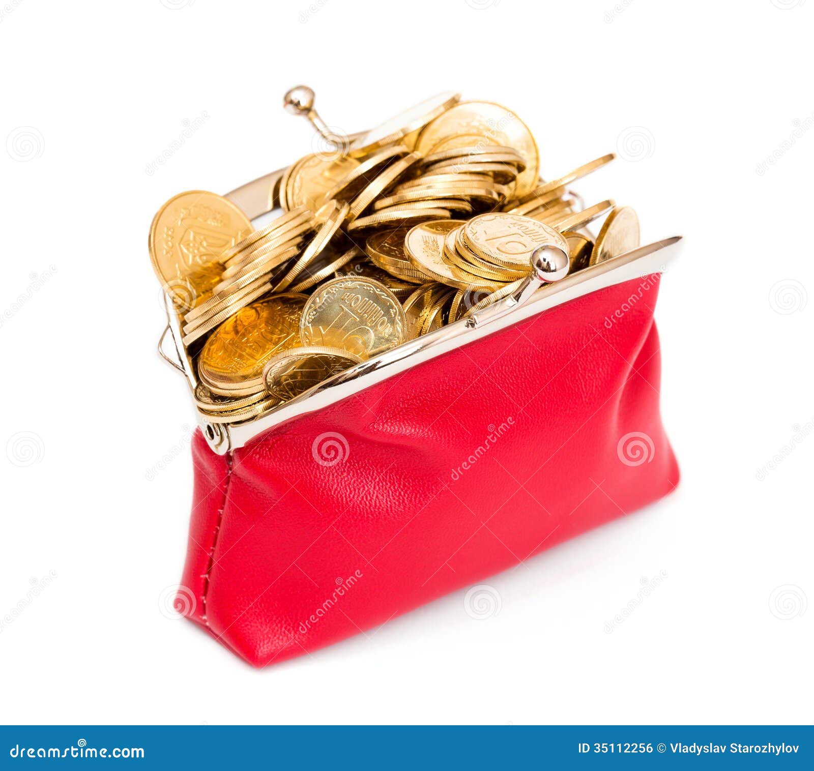 Red Purse Full of Gold Coins on a White Stock Photo - Image of ...