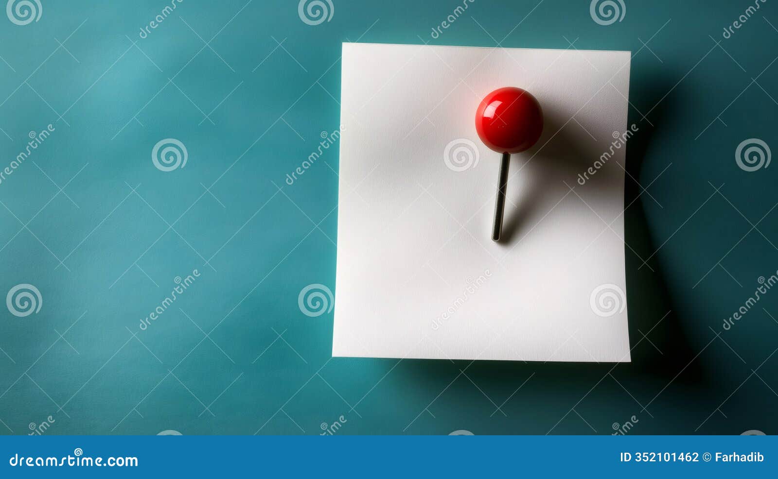 Red Push Pin Fixing a Blank White Sheet of Paper on a Teal Background ...