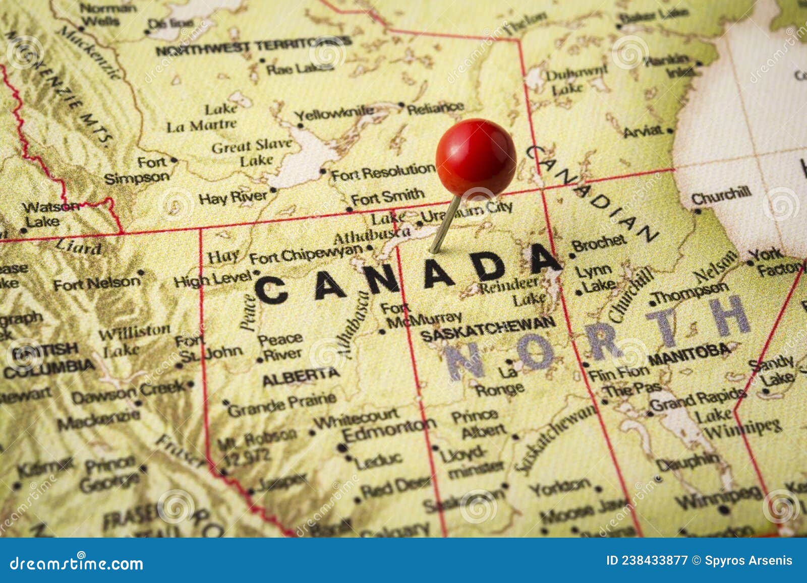 Red Push Pin Marking Canada on the Map. Close Up, Selective Focus Stock ...