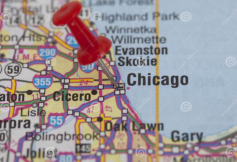 Red Push Pin Pointing on Chicago Stock Photo - Image of location ...