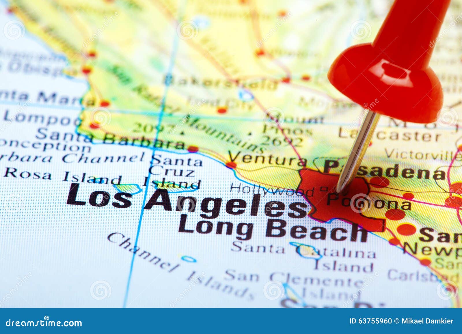 Red Push Pin Pointing at Los Angeles Stock Photo - Image of pointing ...