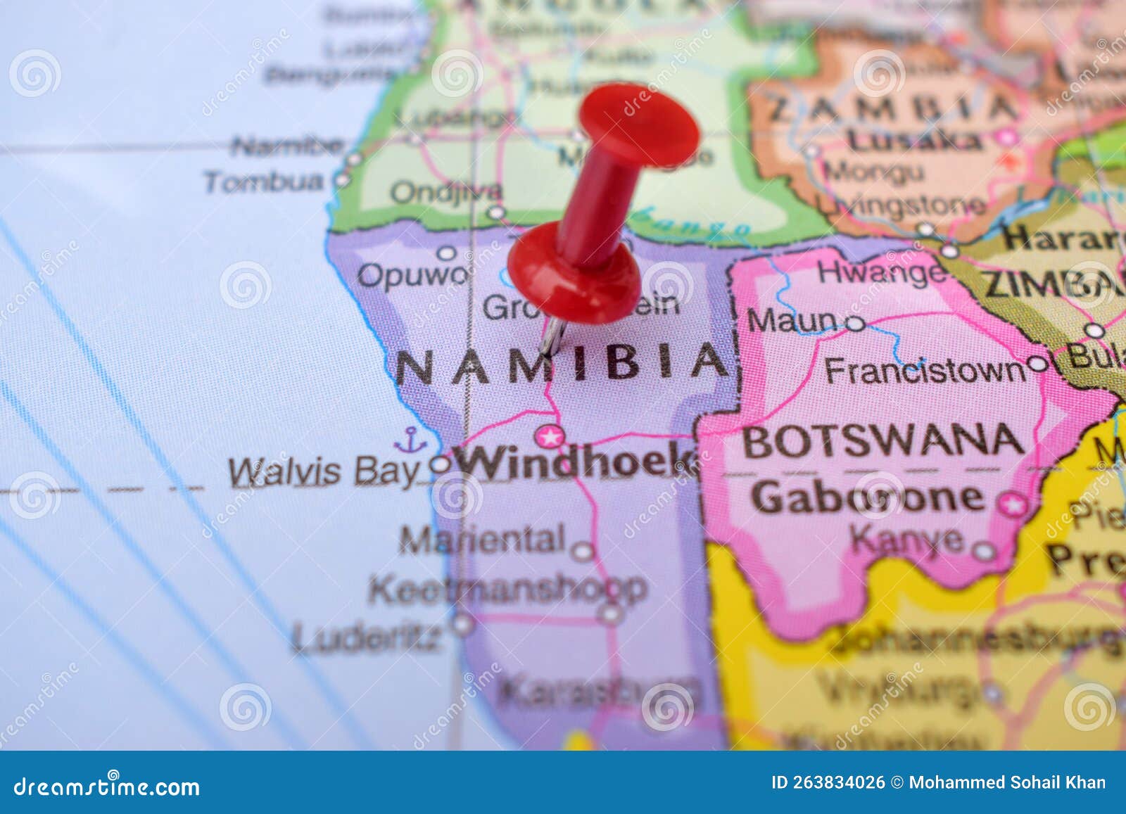 Red Push Pin Pointing Namibia on Location of World Map Close-Up View ...